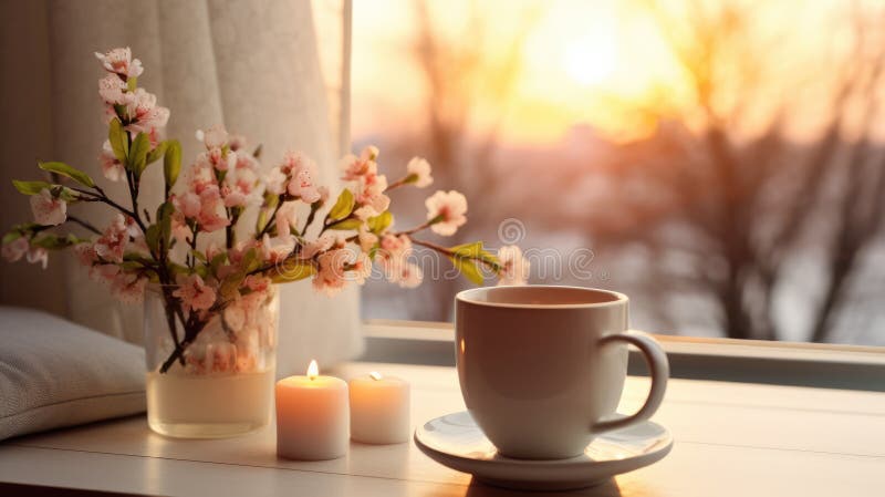 Cup of Hot Tea and Spring Home Interior, Good Morning Concept Stock ...