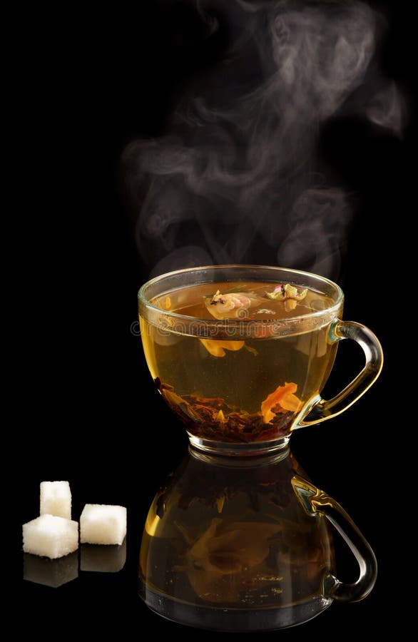 Cup of Hot Tea with Steam on a Black Background Stock Photo - Image of ...