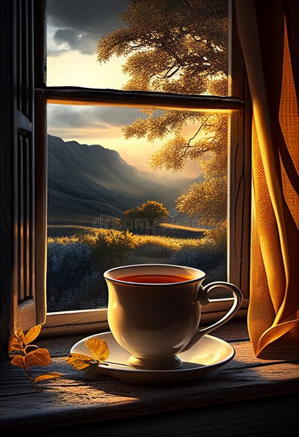 Cup of Hot Tea on the Windowsill by the Window. AI Generated. Stock ...