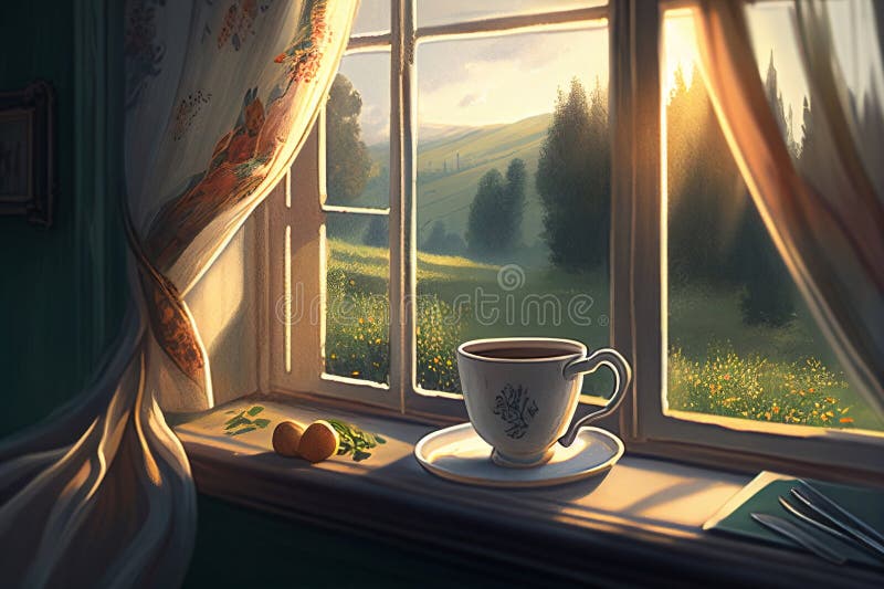 Cup of Hot Tea on the Windowsill by the Window. AI Generated. Stock ...