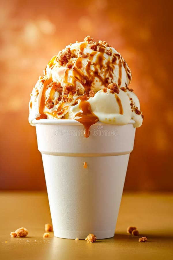Cup of Ice Cream with Caramel on Top and Drizzle of Chocolate Sauce ...