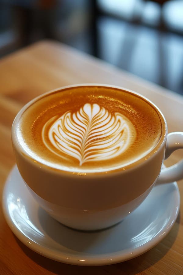Cup of Latte Coffee with Beautiful Leaf Design Latte Art on Wooden ...