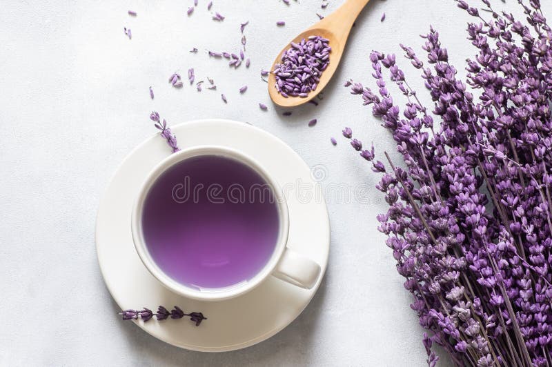 Cup of Lavender Tea with Dried Lavender Flowers on Rustic Table, Herbal ...