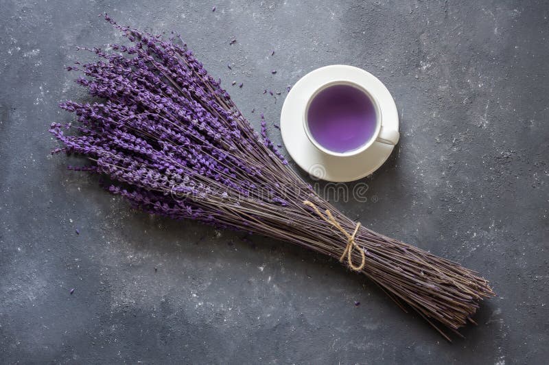 Cup of Lavender Tea with Dried Lavender Flowers on Rustic Table, Herbal ...