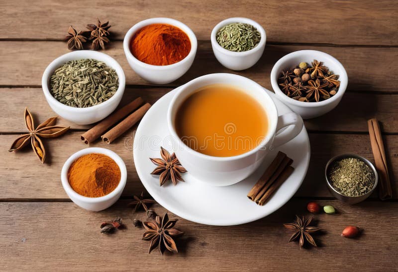 A Cup of Masala Chai with Various Spices on a Wooden Table Stock ...
