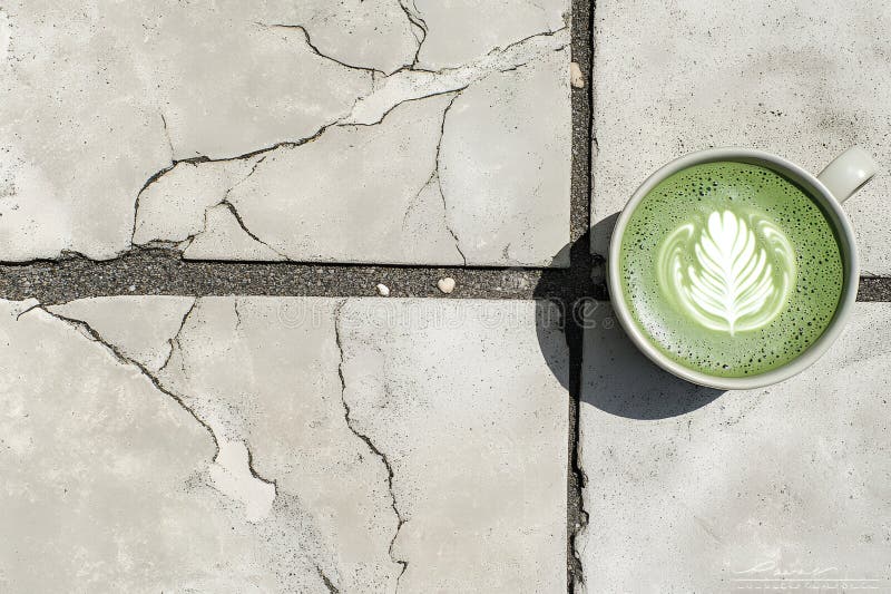 A Cup of Matcha Latte Art on Cracked Concrete Pavement Outdoors in ...