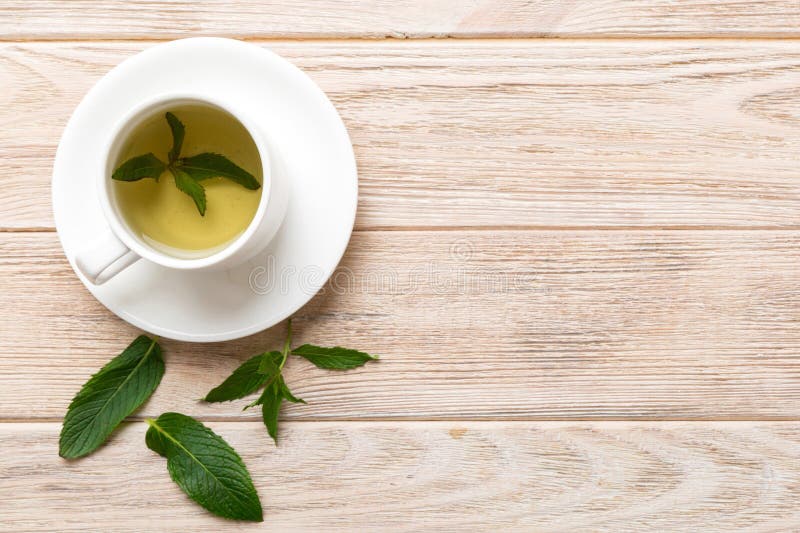 Cup of Mint Tea on Table Background. Green Tea with Fresh Mint Top View ...
