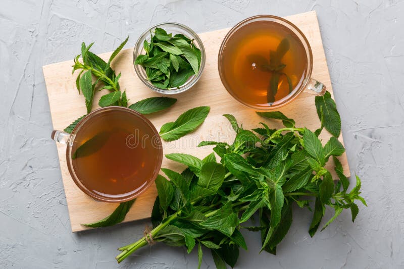 Cup of Mint Tea on Table Background. Green Tea with Fresh Mint Top View ...