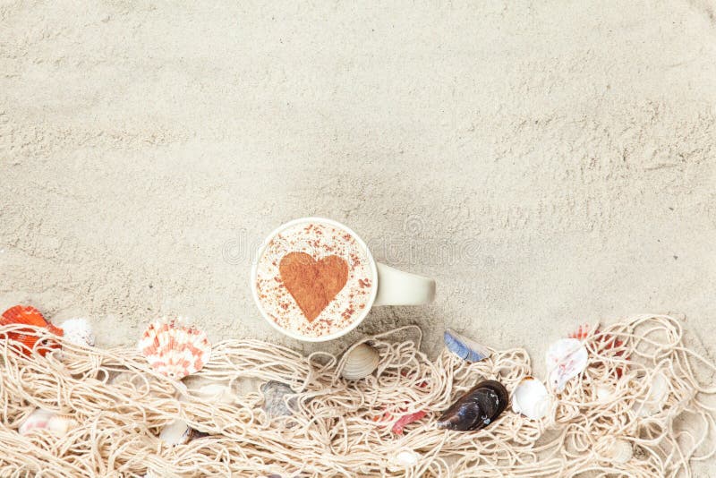 Cup and Net with Shells on Sand Stock Image - Image of beach, service ...