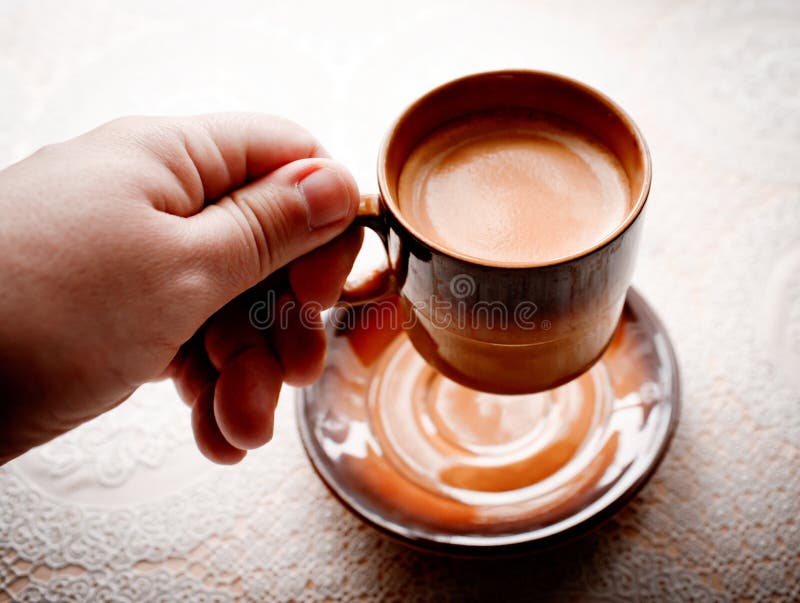 Cup off coffee. stock image. Image of hand, tablecloth - 39352149