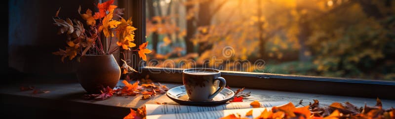 Cup of Hot Tea and Open Book Resting on Window Sill with a Fall ...
