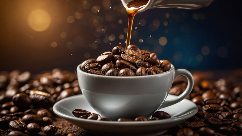 A Cup Overflowing with Coffee Beans, with Coffee Being Poured, Creating ...