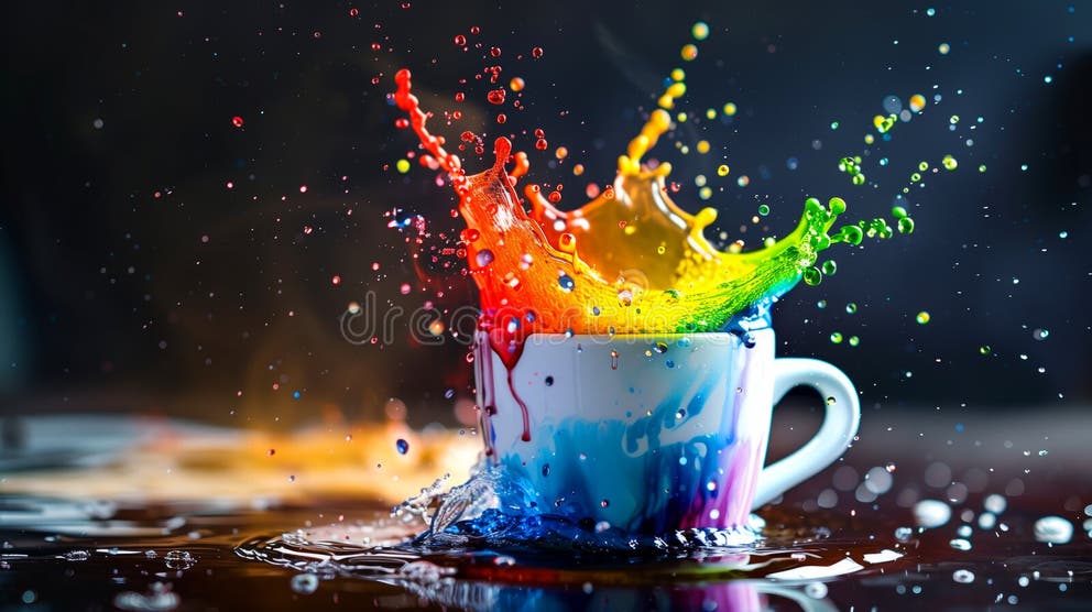 A Cup of Paint Splatters with a Rainbow Splash. the Cup is on a Table ...