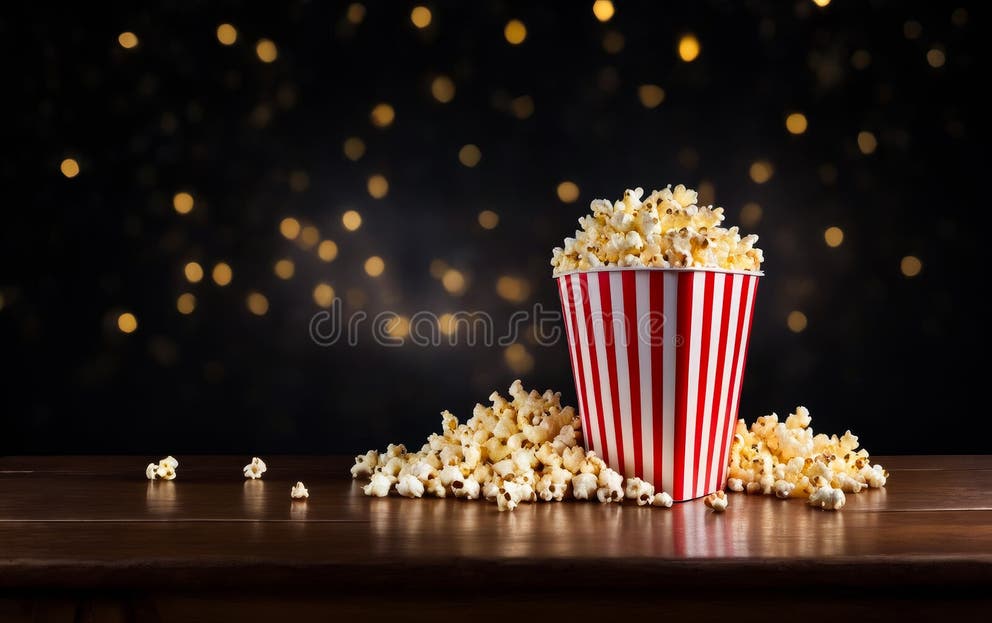 Cup of Popcorn is on Table with Lights in the Background. Generative AI ...
