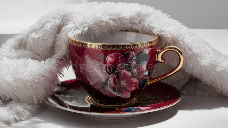 A Cup and Saucer on a White Fur Covered Table, AI Stock Image - Image ...