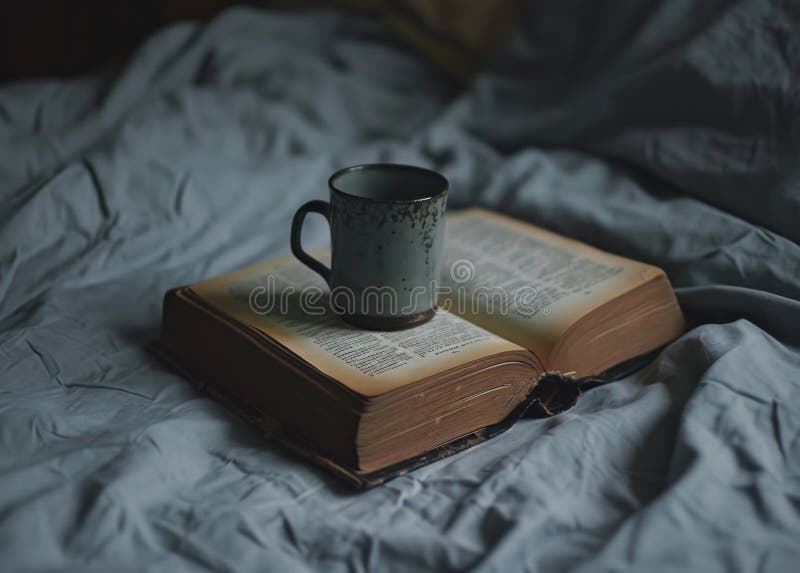 A Cup is Sitting on an Open Book on the Bed Stock Image - Image of book ...