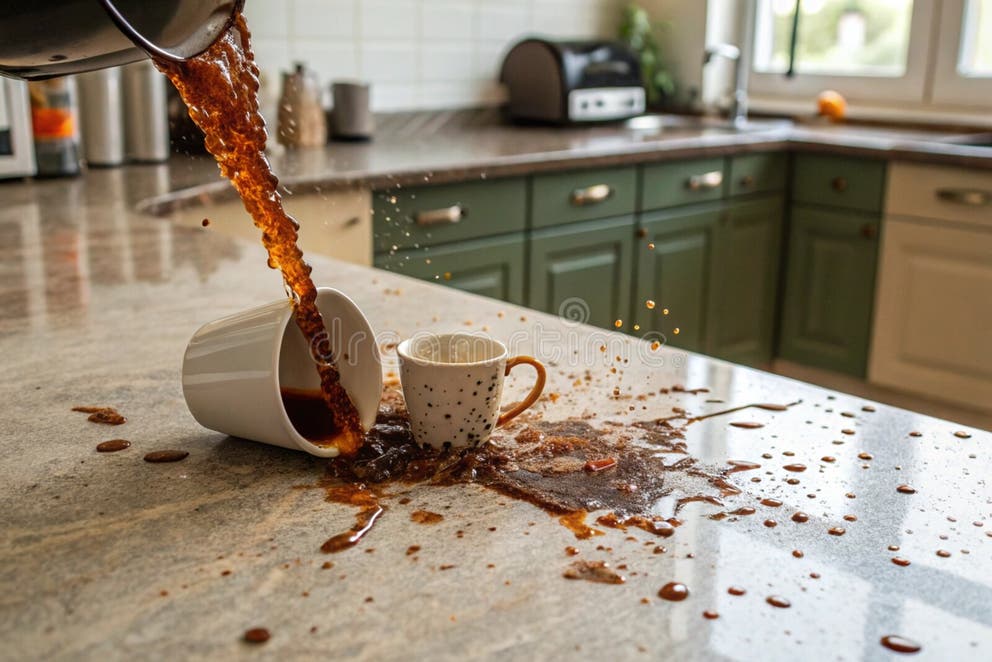 A Cup Spills Coffee Onto a Kitchen Counter, Creating a Messy Splash ...