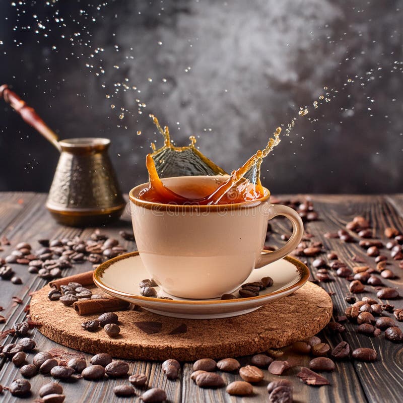 Cup Splashing Coffee on a Wooden Table with Coffee Beans Stock ...