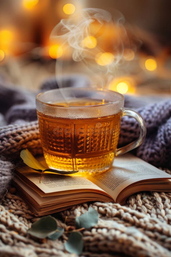 A Cup of Steaming Herbal Tea with a Book and a Cozy Blanket, Soft ...