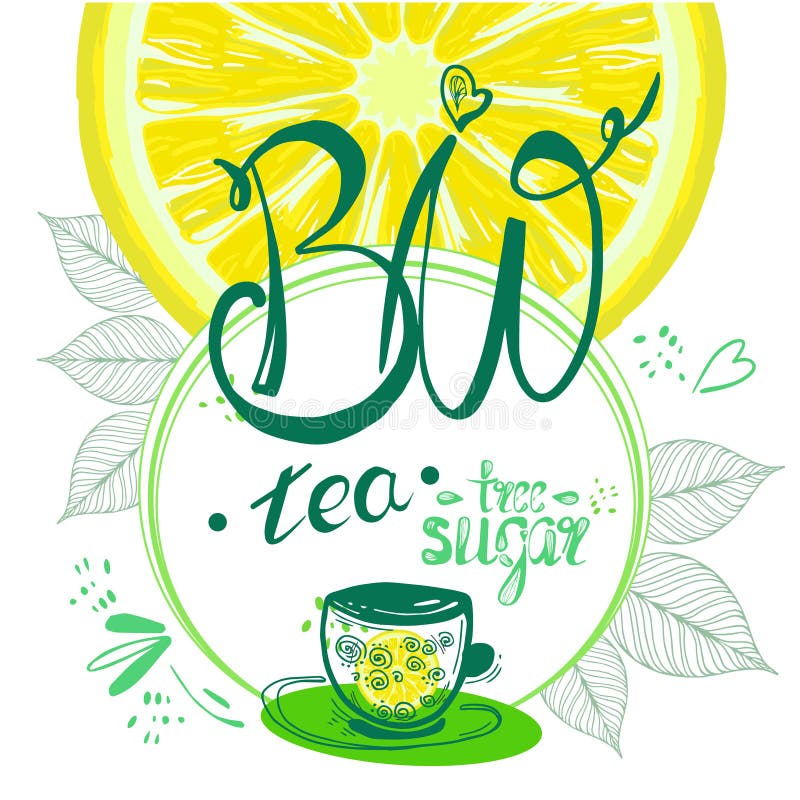 Cup of Tea Bio, a Hand Drawn Eco Tea Pair, Tea Leaves, Cube. Vector ...