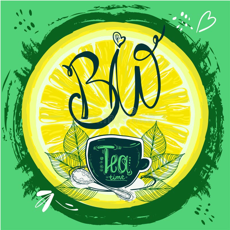 Cup of Tea Bio, a Hand Drawn Eco Tea Pair, Tea Leaves, Cube. Vector ...