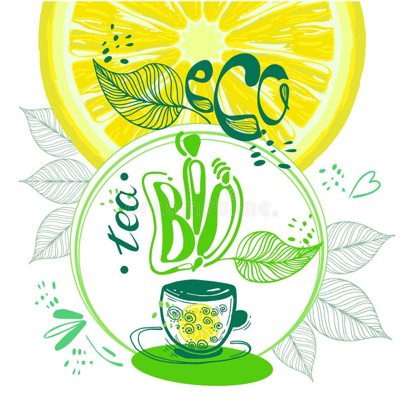Cup of Tea Bio, a Hand Drawn Eco Tea Pair, Tea Leaves, Cube. Vector ...