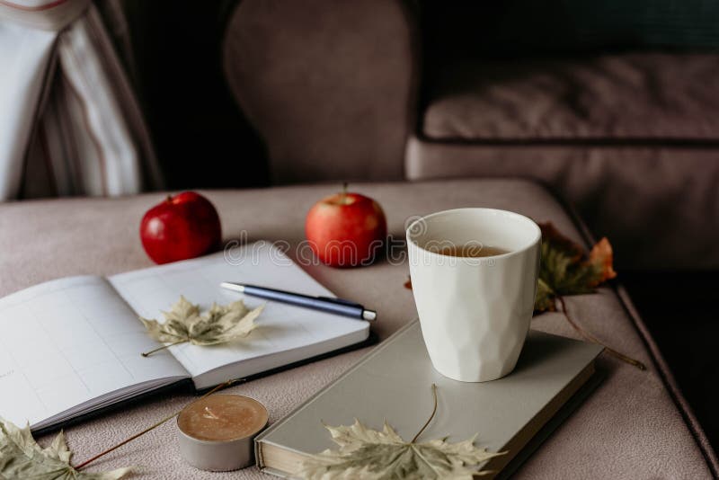 Cup of Tea with a Book in the Interior with Autumn Leaf, Notebook and ...
