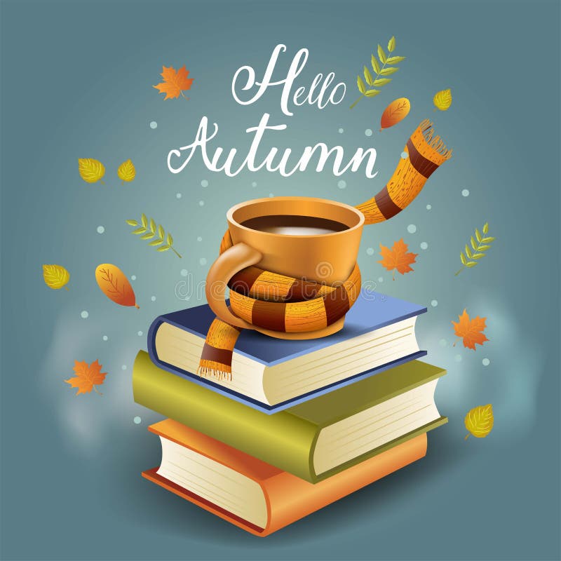 Cup of Tea with Books and Knitted. Hello Autumn Background Stock Vector ...