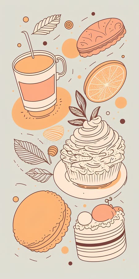 Cup of Tea, Cake, Orange and Cookies. Hand Drawn Vector Illustration ...