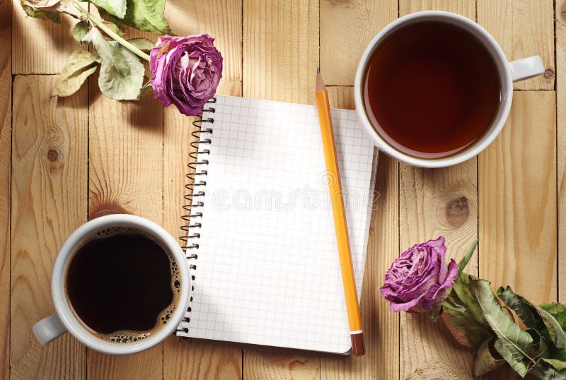 Cup of Tea, Coffee and Notebook Stock Photo - Image of wooden, white ...