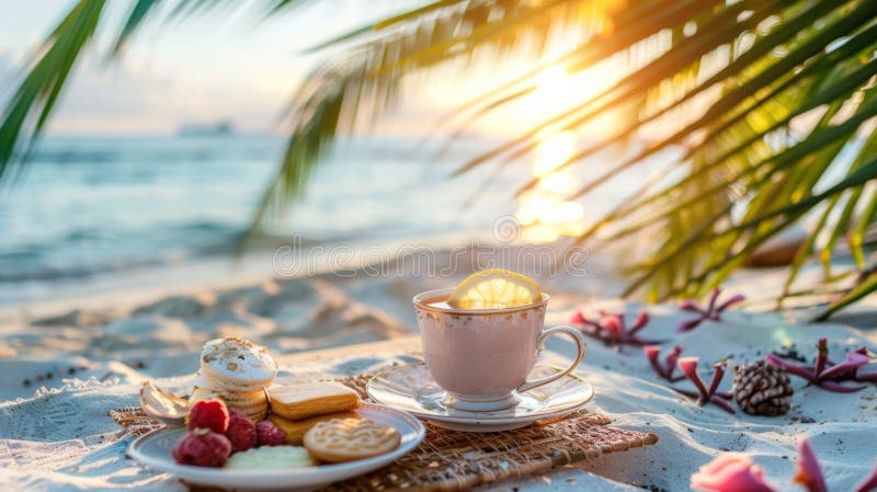 A Cup of Tea and Cookies on a Beach with Palm Trees, AI Stock Image ...