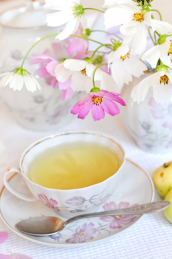 A cup of tea and cosmos stock image. Image of plate, cosmos - 39212349