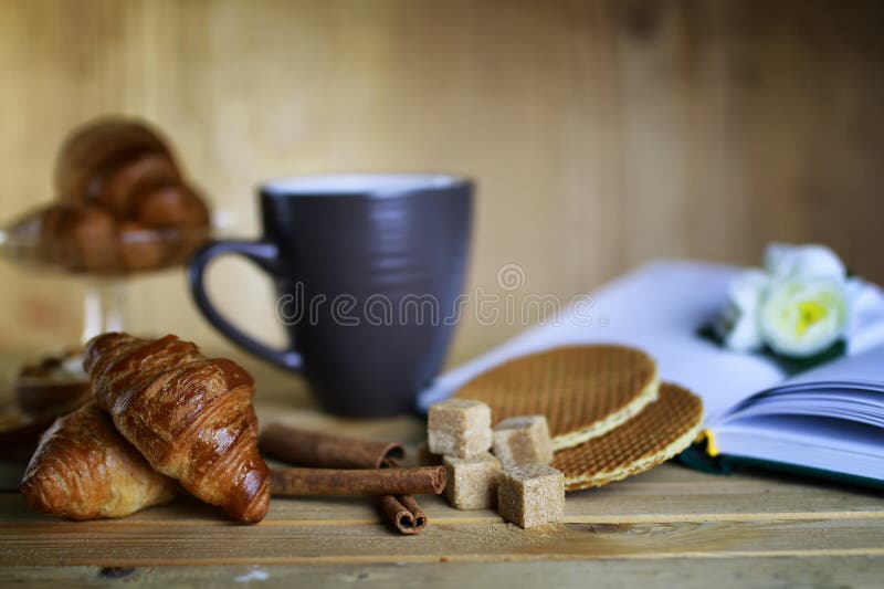 Cup with Tea Croissant Book Stock Photo - Image of dessert, background ...