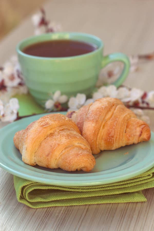 Cup of Tea and Croissants Near Blossoming Branches Stock Image - Image ...