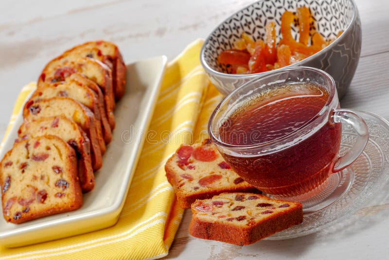 Cup of Tea with Dried Fruit Cake Stock Image - Image of festive, focus ...