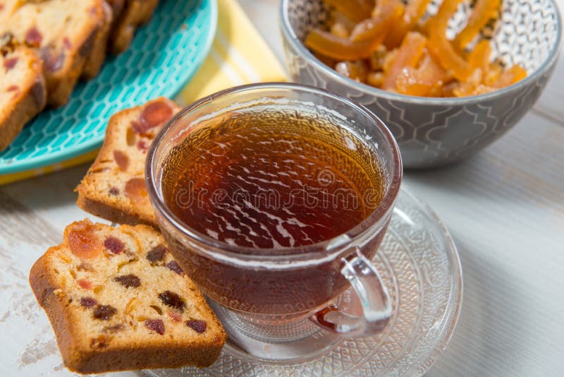 Cup of Tea with Dried Fruit Cake Stock Photo - Image of slice, fresh ...