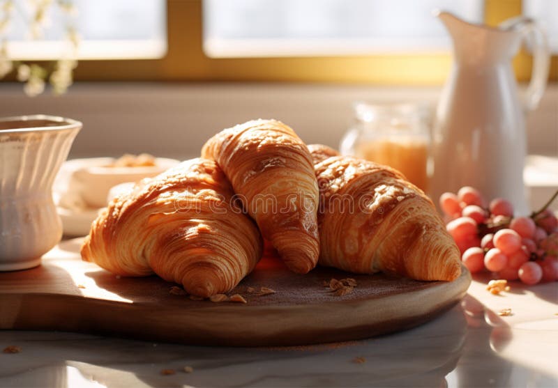 Cup of Tea with Flowers and Croissants on Table Stock Illustration ...