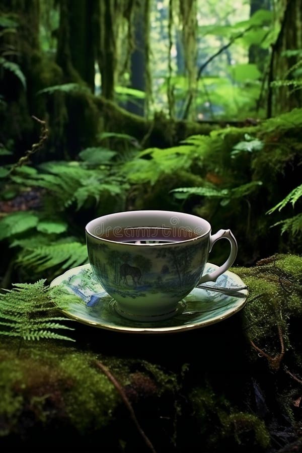 Cup of Tea in the Forest with Moss and Ferns Stock Illustration ...