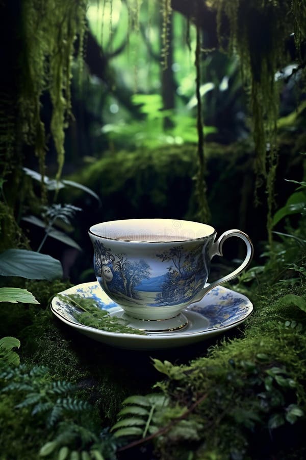 Cup of Tea in the Forest with Moss and Ferns Stock Illustration ...