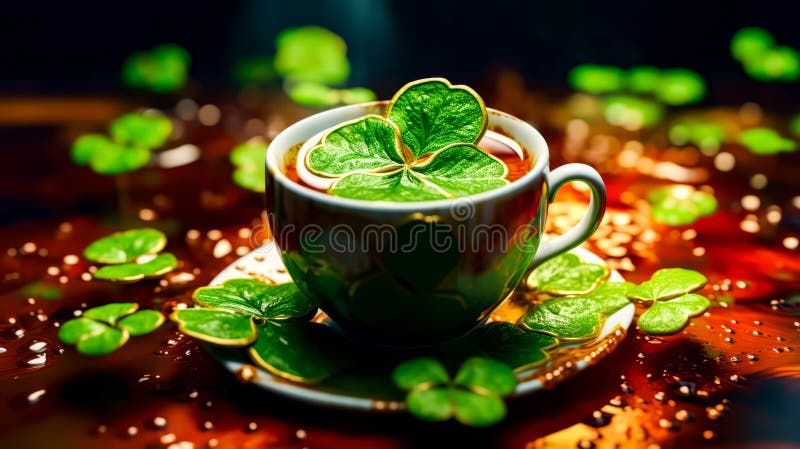 Cup of Tea with Four Leaf Clover on the Top of it. Generative AI Stock ...