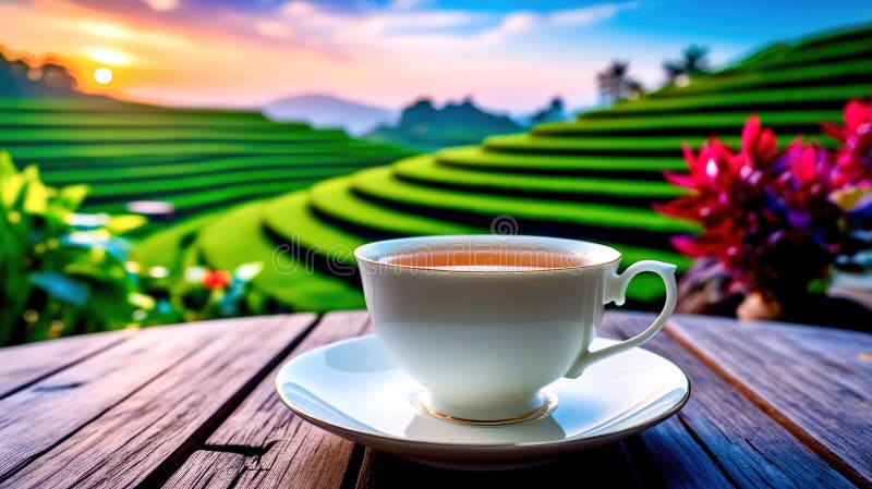 A Cup of Tea in Front of a Tea Plantation Stock Image - Image of ...
