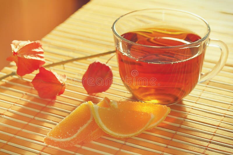 Cup of Tea and Fruit Jelly with Physalis Stock Image - Image of morning ...