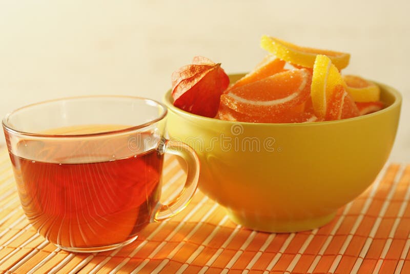 Cup of Tea and Fruit Jelly with Physalis Stock Image - Image of green ...