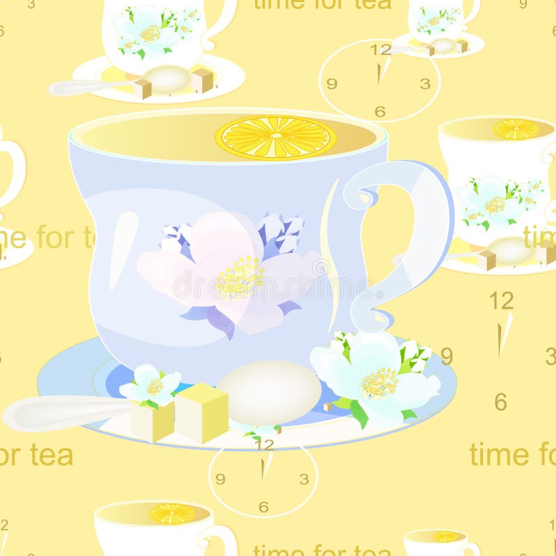 Cup of Tea and Jasmine Seamless Pattern. Vector Illustration Stock ...