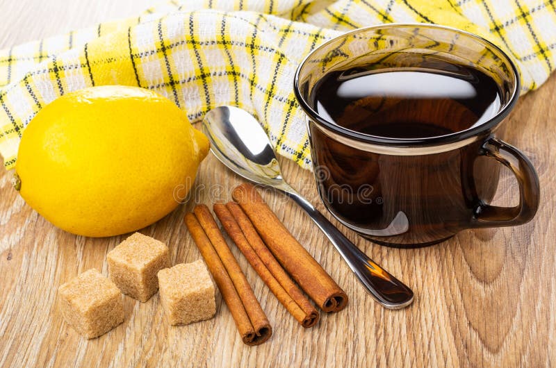 Cup of Tea, Lemon, Napkin, Teaspoon, Cinnamon Sticks, Sugar Cube Stock ...