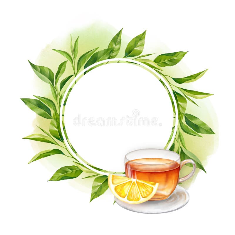 Cup of Tea, Lemon Piece and Round Frame with Tea Leaves. Hand Drawn ...