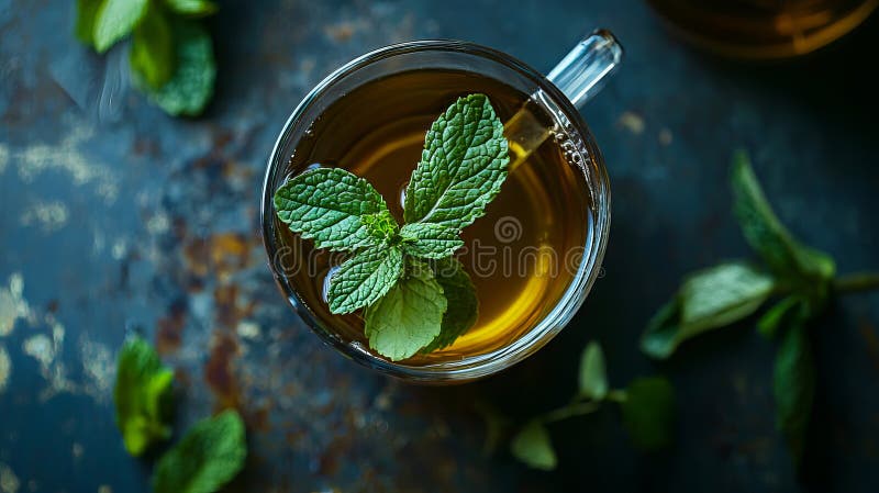 A Cup of Tea with Mint Leaves on a Blue Table Stock Photo - Image of ...