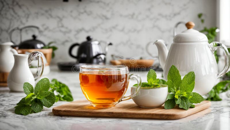 Cup with Tea, Mint Leaves in the Kitchen Stock Illustration ...