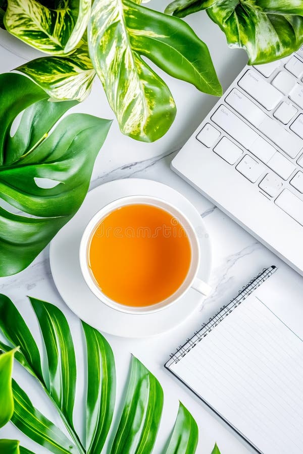 A Cup of Tea Next To a Keyboard and a Notebook on a Desk Stock Image ...