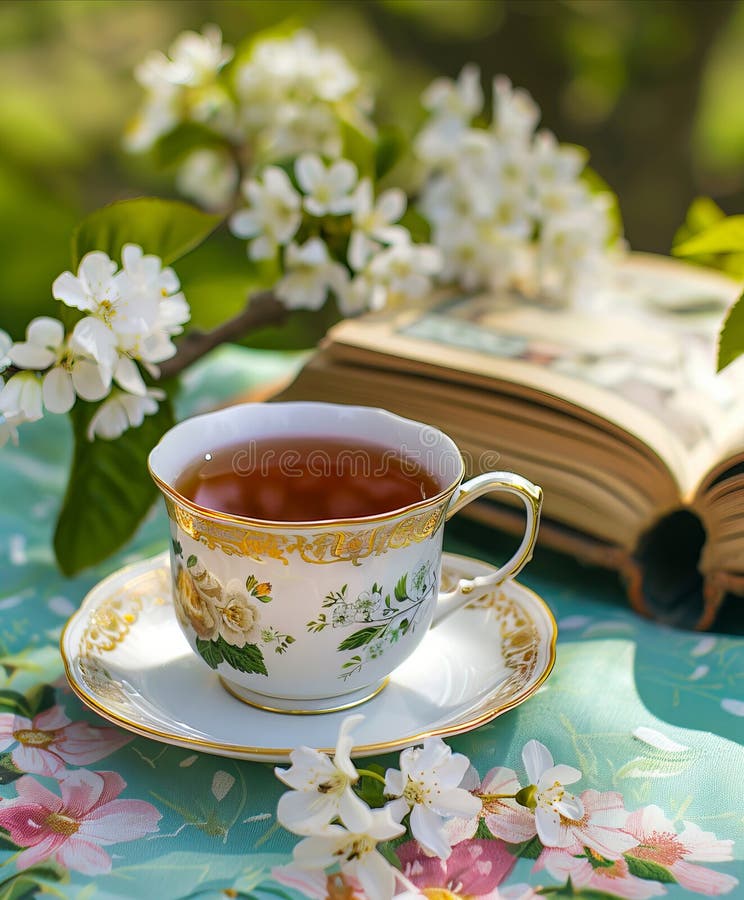 A Cup of Tea and an Open Book on a Table Stock Photo - Image of book ...